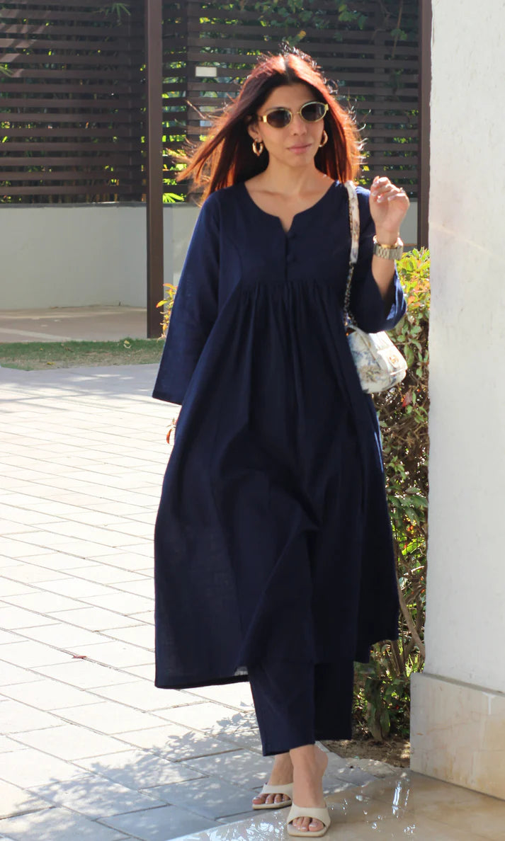 Cotton Slub Pleated Navy Blue Co-ord Set